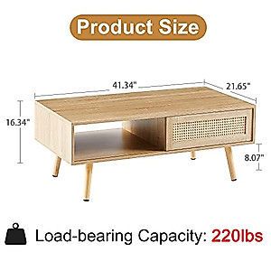 Mid Century Modern Coffee Table with Storage, 41.3 Inch Rectangle Wooden Accent Center Sofa Table with Sliding PE Rattan Woven Door Panel and Solid Wood Legs, Suitable for Living Room, Apartment