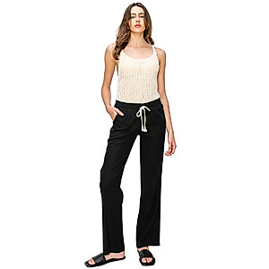 Cali1850 Women's Casual Linen Pants 32" Inseam Oceanside Drawstring Smocked Waist Lounge Beach Pants with Pockets Black 2XL