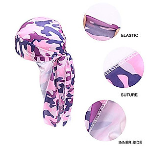 Military Camouflage Premium Silky Durags with Long Tail Colorful 360 Waves Doo rag for Men Du rag Cap (3/4 Packed) (Set15)