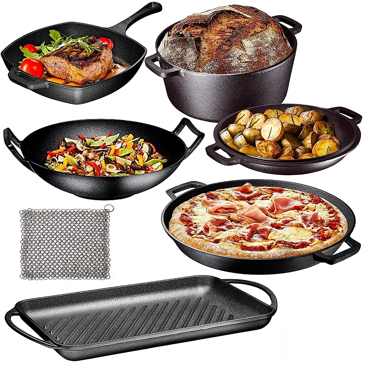 Pre Seasoned Cast Iron 7 Piece Bundle Gift Set, Double Dutch, Rectangular grill Pan, Wok, Large Skillet, Square Grill Pan & Chainmail, Camping Cookware Set
