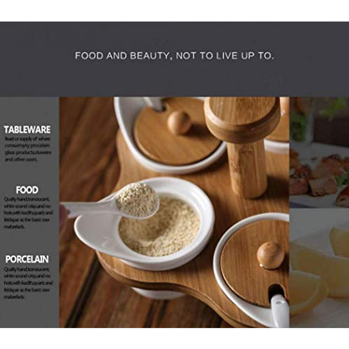 Ceramic Condiment Jar Pots 5 pcs Set durable Round Shape Seasoning Jar with Holder,Spoon and Bamboo Lids for Home Kitchen