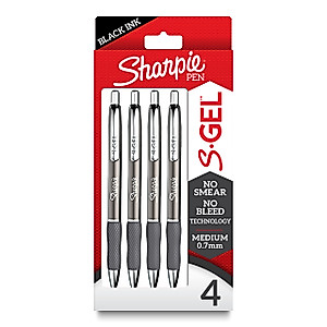 SHARPIE S-Gel, Gel Pens, Sleek Metal Barrel, Gunmetal, Medium Point (0.7mm), Black Ink, 4 Count