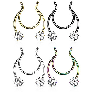 18GA Stainless Steel Prong Set CZ Crystal Horseshoe Clip On Non-Pierce Fake Septum Nipple Rings, Sold as a Pair (Gold Tone)