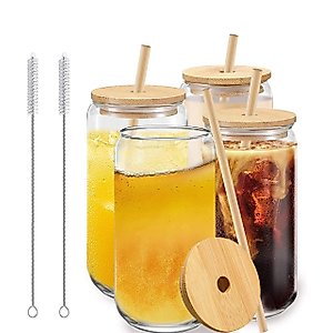 RANDY 4-Pack Beer Can Glass Cup, 16 oz Iced Coffee Drinking Cups with Bamboo Lid and Glass Straws, Glass Tumbler for Cocktail, Whiskey, Soda, Tea, Water