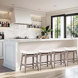 MAISON ARTS Counter Height Bar Stools Set of 2 for Kitchen Counter Solid Wood Legs with Fabric Saddle Seat Farmhouse Barstools for 34"-38" Counter Island Upholstered Stools, 24in, Creamy White