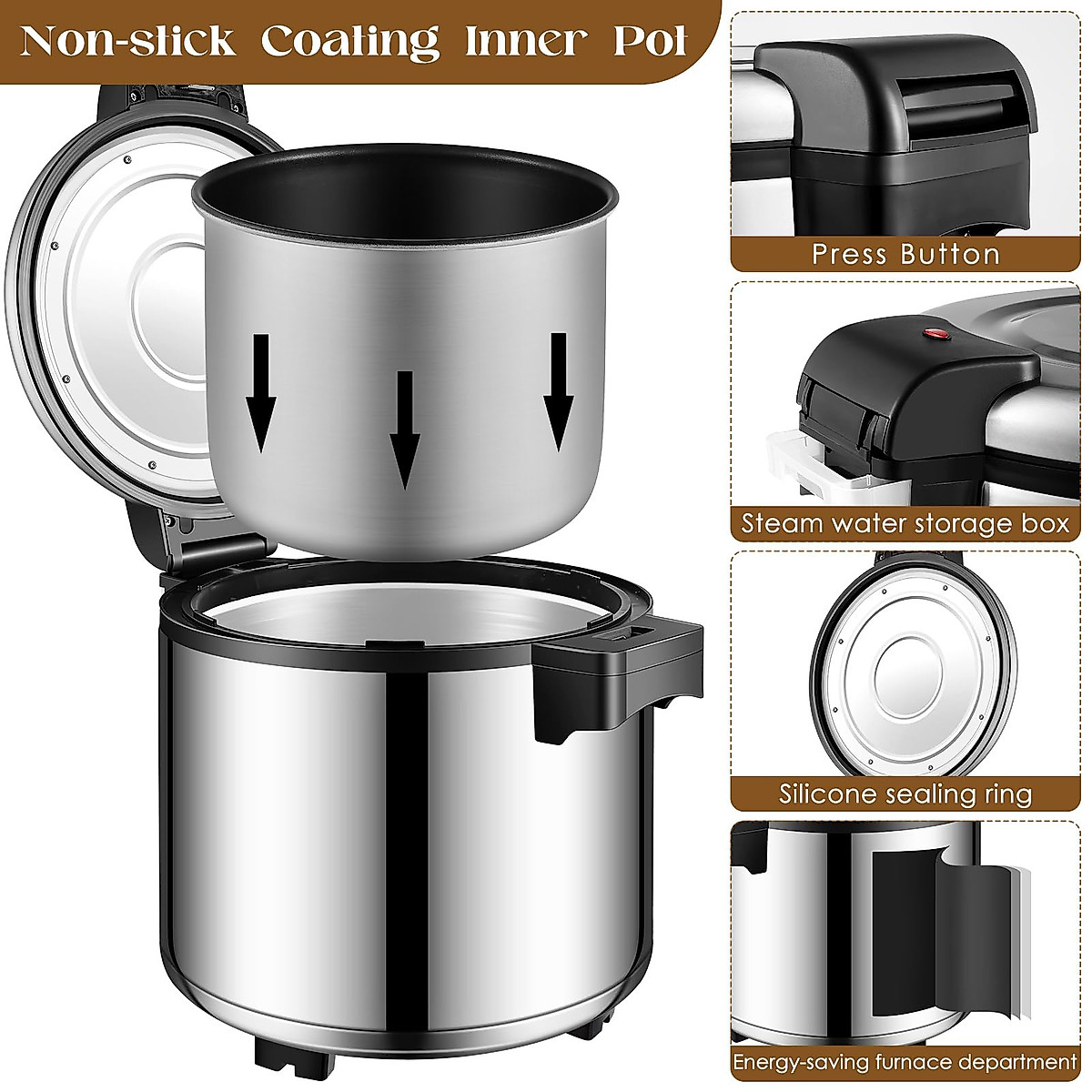 SiliFine Commercial Stainless Steel Electric Rice Warmer Food Warm with Rice Spoon Heavy Duty Rice Warmer with Warm Function Only for Restaurant Party (100 Cups Cooked Rice,100W)