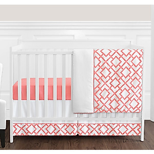 Modern White and Coral Diamond Geometric Girls Baby Bedding 4 Piece Crib Set Without Bumper