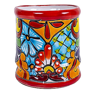Genuine Mexican Kitchen Talavera Utensil Holder Hand Painted Pottery Ceramic for Kitchen Utensil Crock Spoon Rest Handmade in Mexico by Artisans (Red)