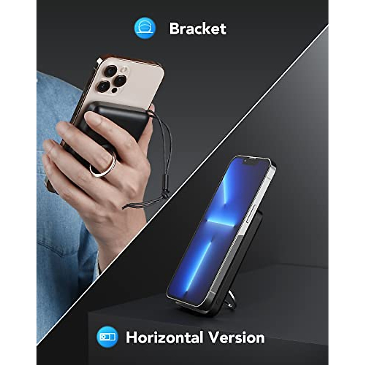 VRURC Magnetic Power Bank, 10000mAh Wireless Portable Charger iPhone, Max 22.5W Fast Charging, USB-C & USB Outputs,Magnetic Battery Charger for iPhone 14/13/12 Series, with Finger Holder - Black