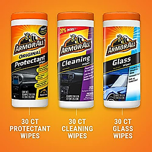 Armor All Car Wipes Multi-Pack, Cleans Vehicle Interior and Exterior, Includes Protectant Wipes, Glass Wipes, and Cleaning Wipes, 3-Pack, 30 Car Wipes Each (90 Wipes Total)