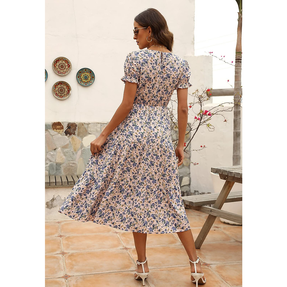 NAVINS Women Floral Print Puff Sleeve Tiered A-Line Swing Midi Dress with Pockets NA1002 (L,Pink Print)