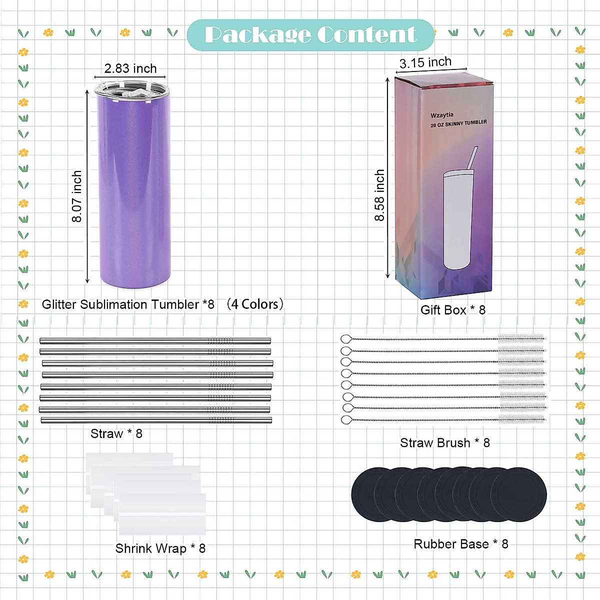 Wzaytia Glitter Sublimation Tumblers 20 Oz Skinny Straight, 8 Pack Sublimation Glitter Shimmer Tumbler Blanks, Individually Boxed Stainless Steel Glitter Tumblers, Mixed Color