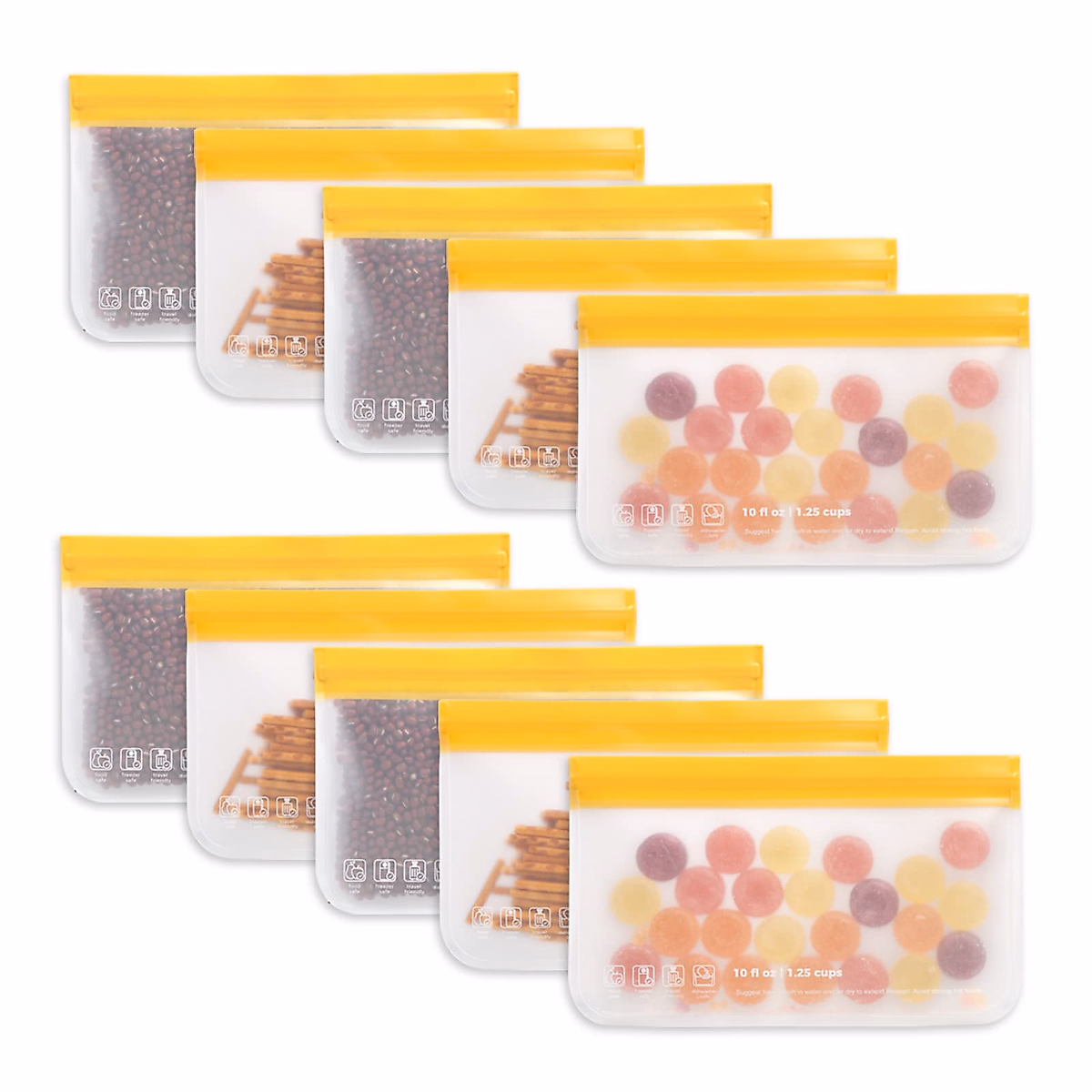 Roonoo 10 Pack Dishwasher Safe Reusable Snack Bags, Reusable Storage BPA Free Freezer Bags, Leakproof Bags Food Storage