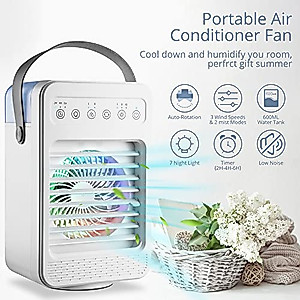Portable Air Conditioner Fan, Small Air Conditioner Household Cooling Spray Fan-4 Fan Speeds, Multiple Light Colors， Duration 8h, USB Desktop Cooling Fan for Home, Bedroom, Indoor, and Office