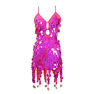 FEOYA Women's 1920s Sequins Dress Sexy Backless Dance Party Dresses Tie Closure Ballroom Practice Dancewear, Rose Red