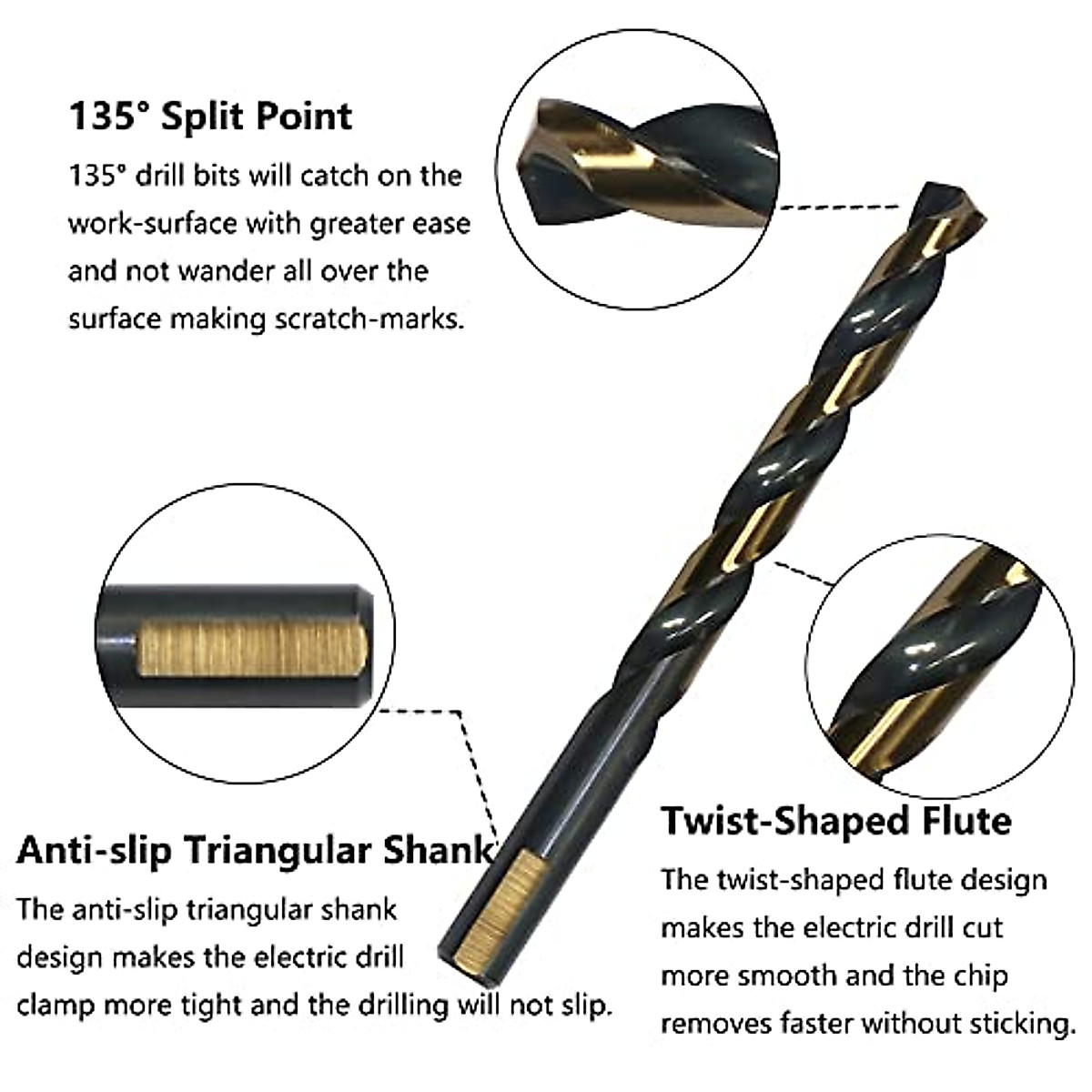 VALYRIANTOOL 12PCS 1/4" HSS Black Gold Twist Drill Bits Set, 135 Degree Split Point, Jobber Metal Drill Bit, General Purpose for Use in Mild Steel, Copper, Aluminum, Zinc Alloy, Wood, and Plastic