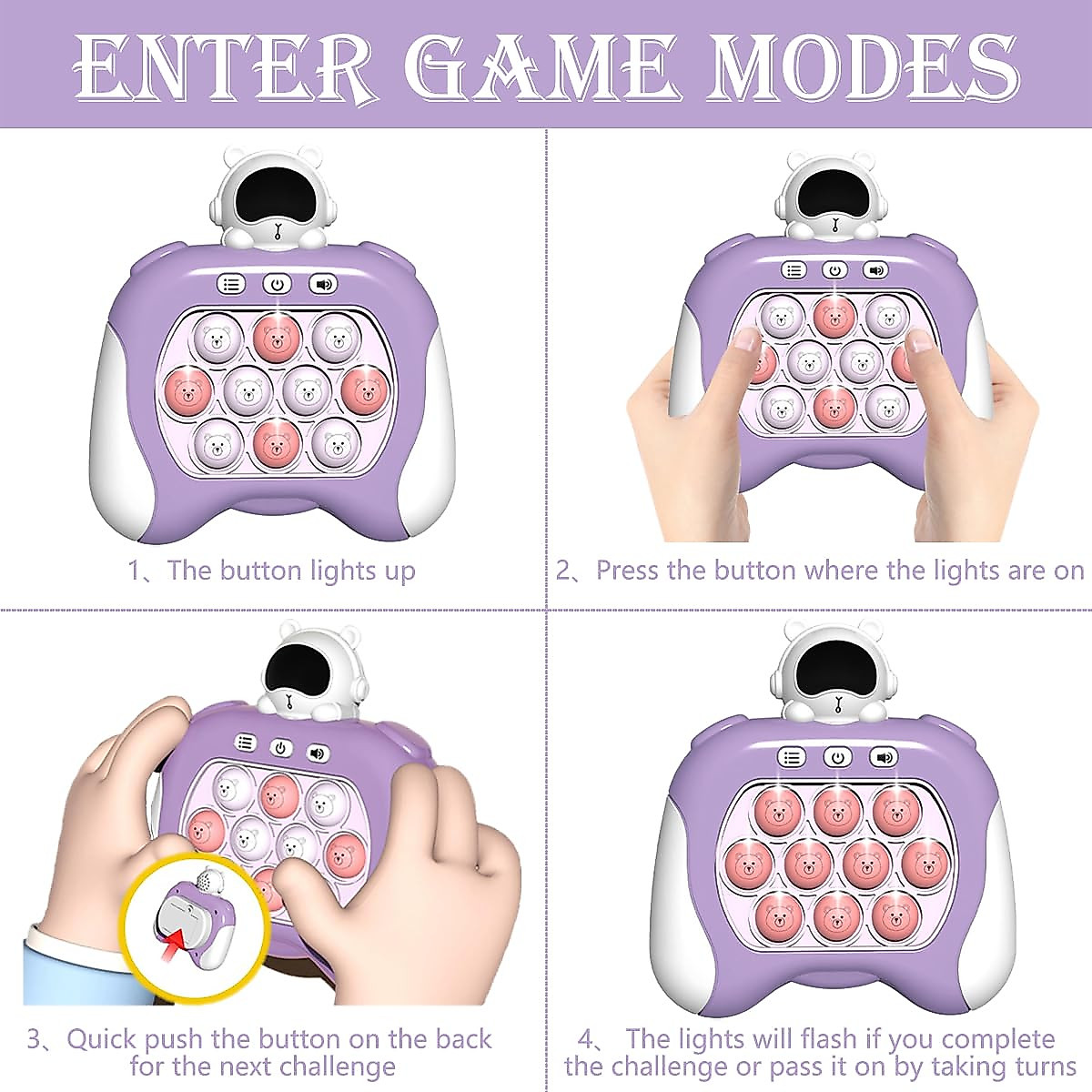 Upgraded Fast Push Game, Pop lt Game Light Up Fidget Toy Pocket Game for Kids Ages 3-12, Handheld Game Sensory Toy with 4 Modes Party Quick Push Fidget Toys, Birthday Gifts for Kids Boys Girls(Purple)