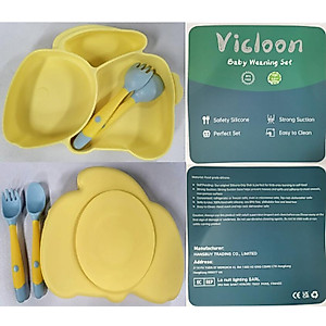 Vicloon Toddler Plates with Suction, Toddler Plates with Spoon & Fork, 100% Food-Grade Silicone Divided Design, Non-Slip, Microwave and Dishwasher Safe