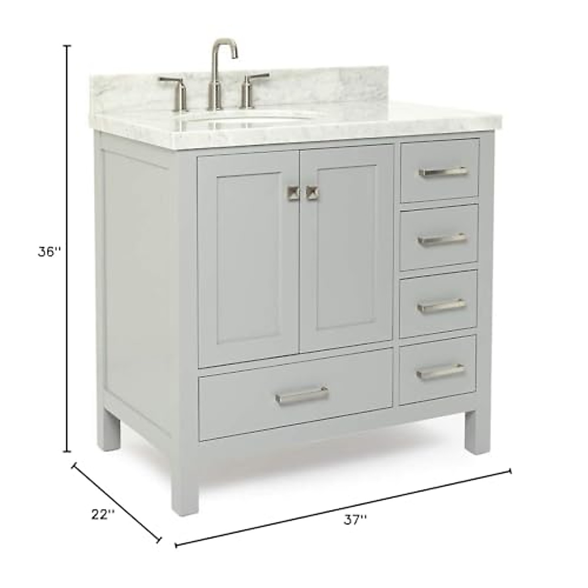 ARIEL 37" Grey Bathroom Vanity with 1.5" Edge Italian Carrara Marble Countertop & Backsplash, Left Oval Sink, 2 Soft Closing Doors, 5 Full Extension Dovetail Drawers, Brushed Nickel