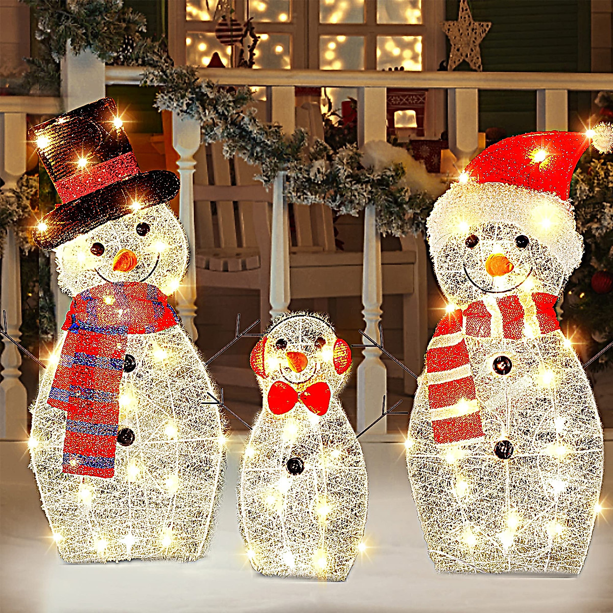 Joliyoou 2D Christmas Yard Decoration, Set of 3 Pre-lit Snowmen with 60 LEDs Warm White Lights for Xmas Front Door Indoor Outdoor Lighted Holiday Displays (Tinsel Look)