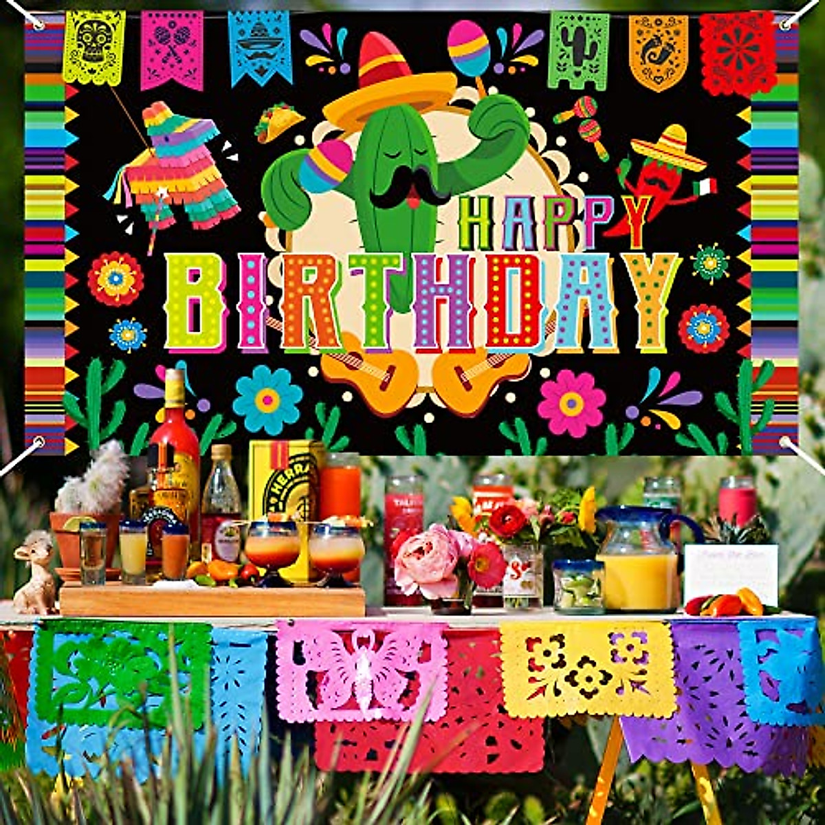 WATINC Mexican Fiesta Happy Birthday Backdrop Banner XtraLarge Mexico Cinco De Mayo Background May 5 Carnival Theme Party Decorations Supplies Photo Booth Props for Indoor Outdoor Wall 78 x 45 Inch