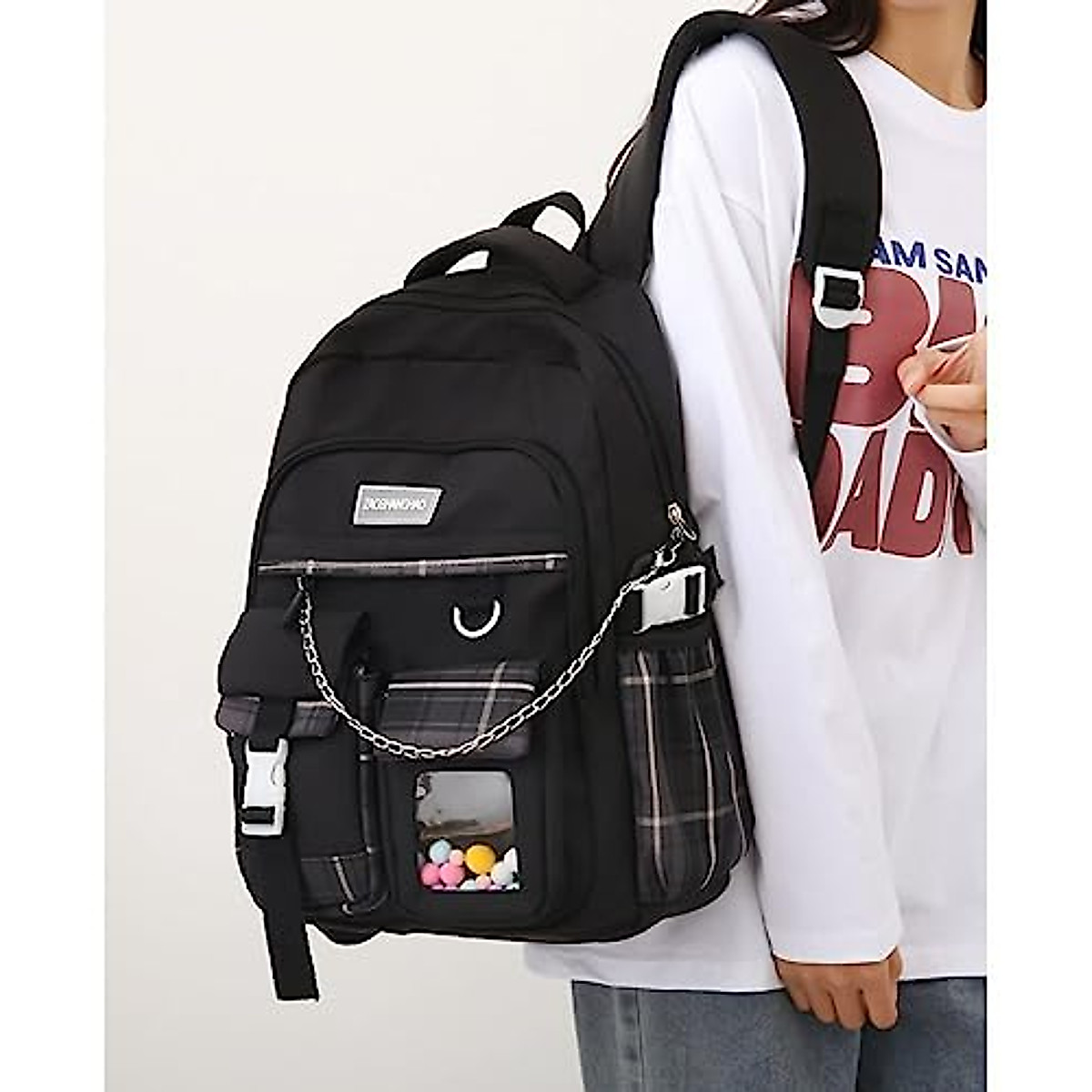 kiobrvhe Kawaii Backpack with Cute Accessories Laptop Backpack Lightweight Waterproof Casual Rucksack for Hiking Travel Sports (D Black)