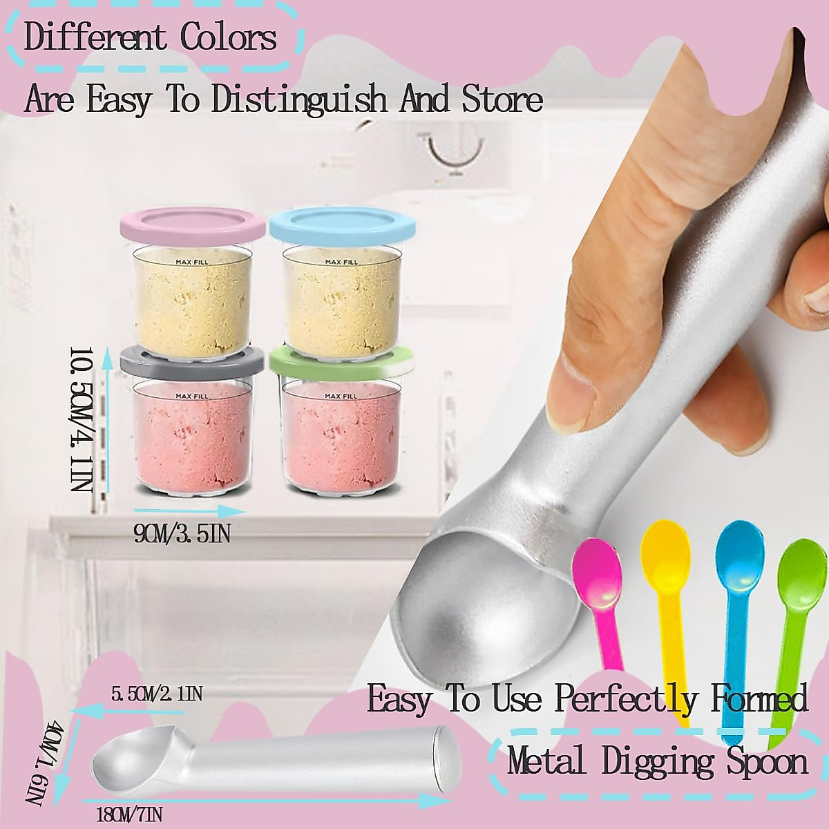 NLXCXUCY 4 Pack Containers Replacement for Ninja Creami Pints and Lids with 160pcs Waterproof Removable Labels,16oz Compatible with Ninja NC299AMZ NC300 Series Deluxe Ice Cream Makers Cups