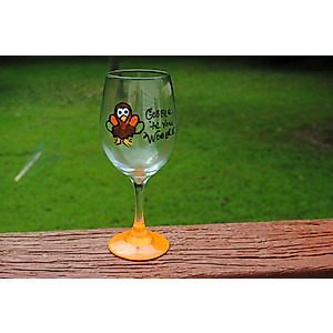Thanksgiving Turkey Orange Green Gobble Til You Wobble Hand Painted Wine Glasses Set of 2