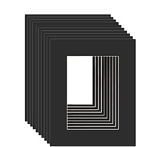 Frame Amo 4x6 Black Mat for Picture Frame, Bevel Cut 2.5x4.5 Opening for 3x5 Photo, White Core, Black Backing, 10-Pack