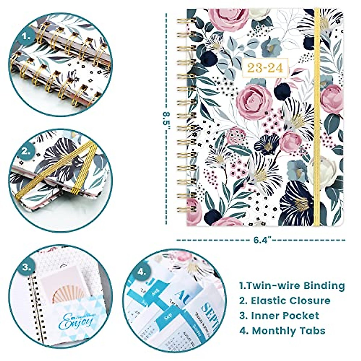 Planner 2023-2024 - Jul.2023 - Jun.2024, 2023-2024 Planner, Academic Planner 2023-2024, 2023-2024 Planner Weekly & Monthly with Tabs, 6.3" x 8.4", Hardcover with Back Pocket + Twin-Wire Binding, Daily Organizer - Petunia
