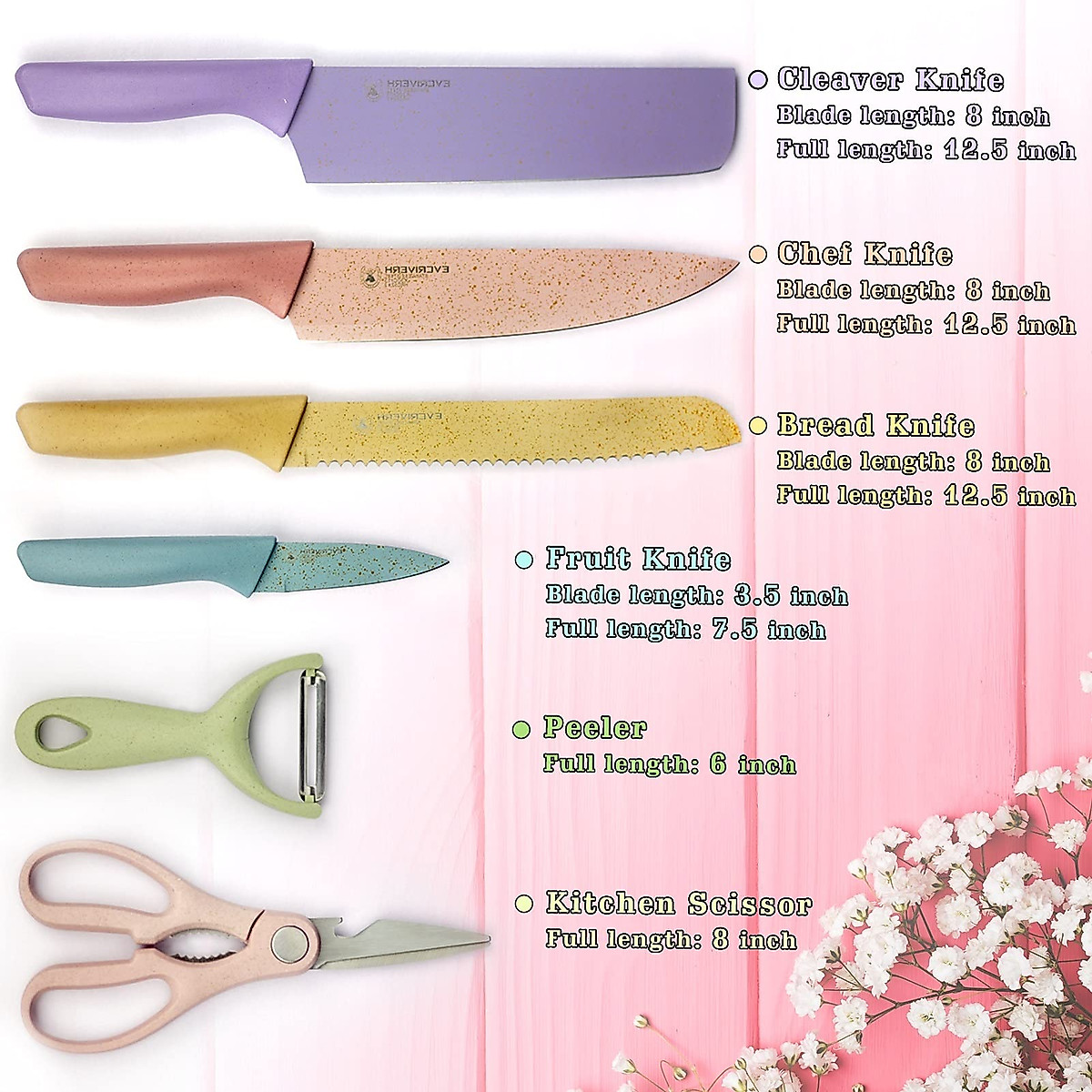 CHUYIREN Knife Set, Colorful Kitchen Knife Set 7 PCS, High Carbon Stainless Steel Cute Knife Set with Non-Stick Coating and Cutting Board for Cooking, Camping, RV Travel, and Dorm,Gift Box