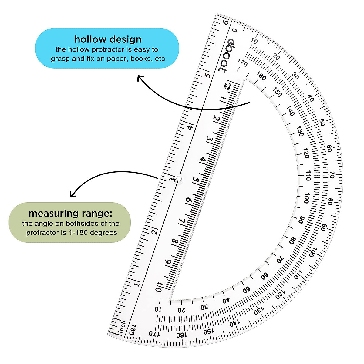 Zonon 2 Pack 12'' Plastic Ruler and 6'' Plastic Protractor Set Clear Ruler Protractor Set Math Geometry Supplies for School Classroom Home Office Drawing(Clear)