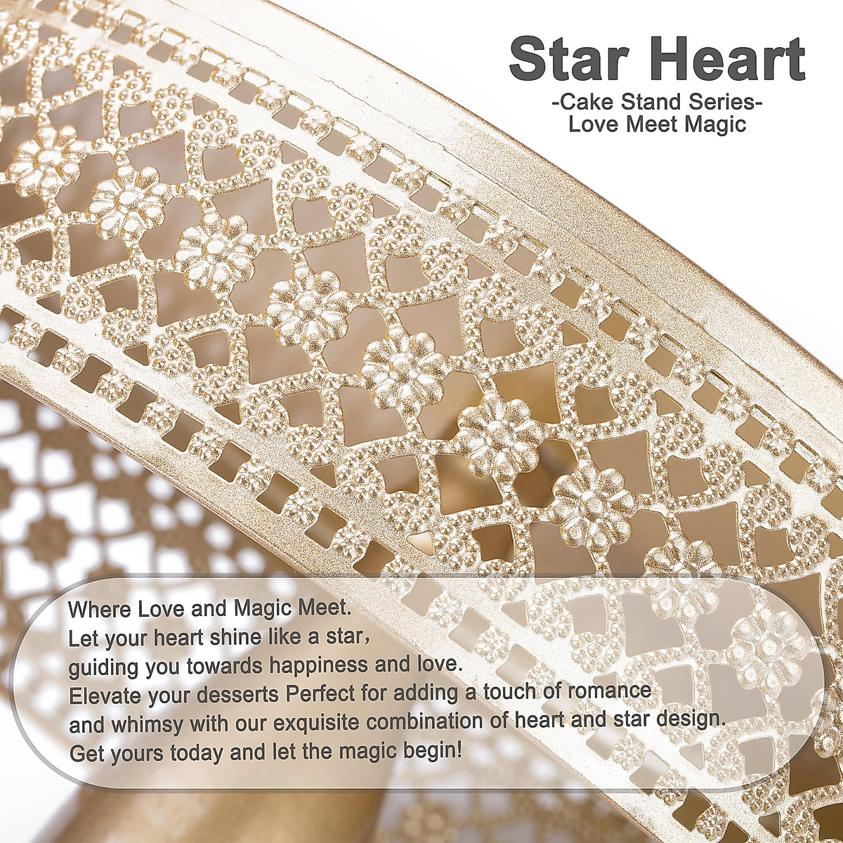 Hotity Star Heart 3-Piece Light Gold Cake Stand Set, diameter 8",10",12", Elegant Cake and Dessert Display Stands for Weddings, Birthdays, and Celebrations