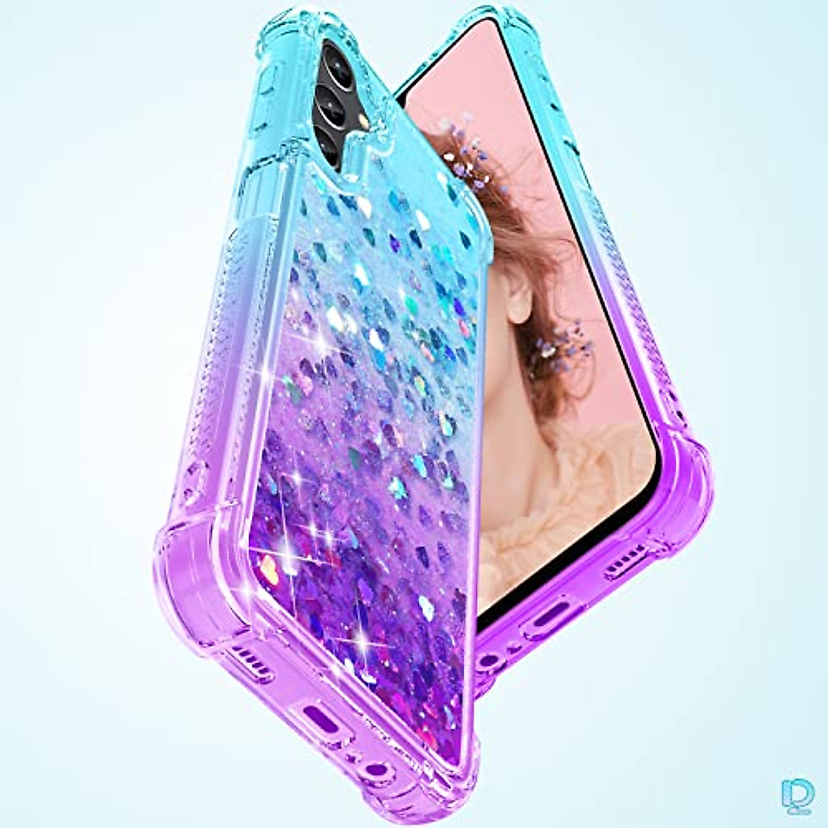 Dzxouui for Samsung A14 5G Case with Glass Screen Protector, Women Girls Cute Clear Glitter Flowing Quicksand Reinforced Corners Soft TPU Phone Case Cover for Samsung Galaxy A14 5G, Teal/Purple