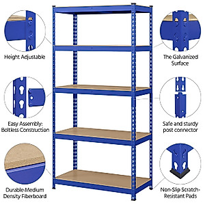 Topeakmart 4PCS 5-Tier Utility Shelves, Metal Storage Shelves Garage Shelving Unit Adjustable Garage Storage Shelves Storage Racks Heavy Duty Shed Shelving- Blue, 35.5 x 17.5 x 72 Inch