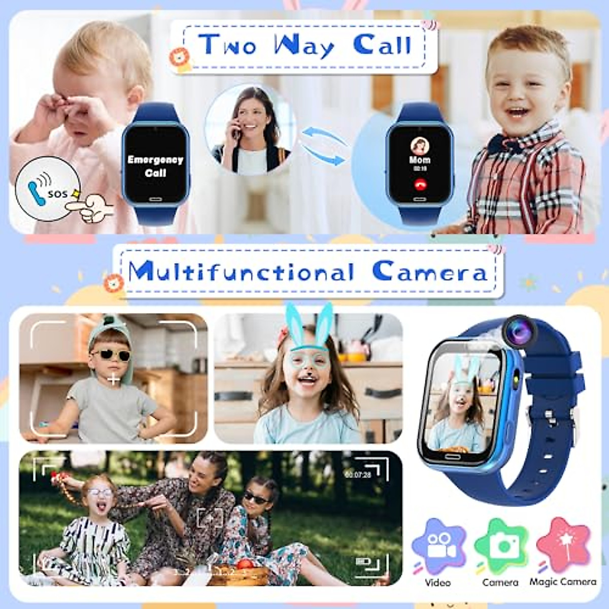 Smart Watch for Girls and Boys Age 6-12 - 24 Games, Video Camera, Music, Alarm - Educational Birthday Gift (Blue)