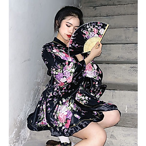 Japanese Anime Women's Dance Kimono Robe Fancy Dress Yukata Silk Folding Fans Tabi Hairstick Socks Set Black Large