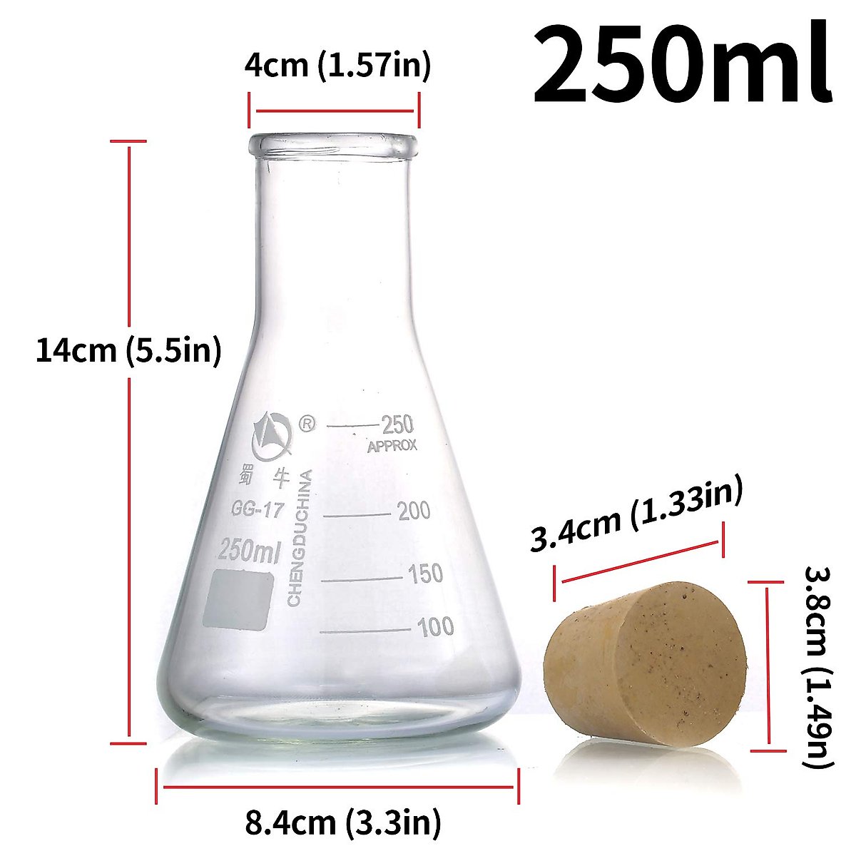 Young4us Glass Erlenmeyer Flask Set, (250 ml, 150 ml & 50 ml) Graduated Borosilicate Glass Erlenmeyer Flasks with Rubber Stoppers & Accurate Scales for Lab, Experiment, Chemistry, Science Studies etc