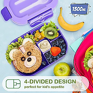 HONZUEN Bento Lunch Box, 4-Compartment Lunch Salad Container, Lunch Box Kit with Spoon and Fork, Microwave Safe Meal Prep Containers for Sandwich, Pasta, Fruit, Travel (Purple)