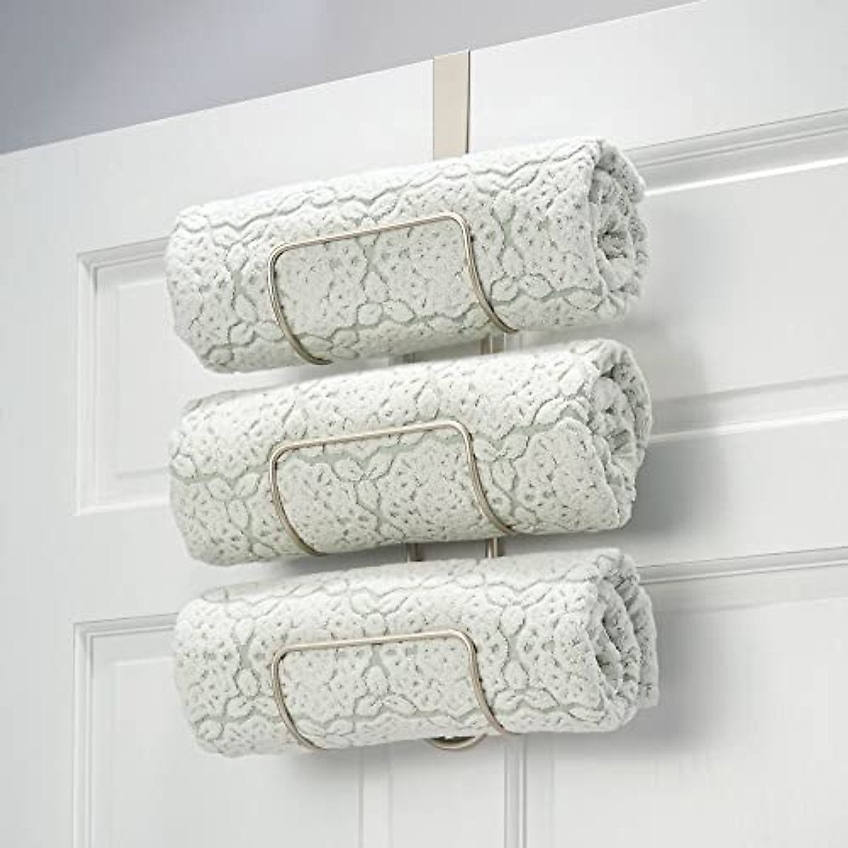 mDesign Modern Decorative Metal Wire Over Shower Door Towel Rack Holder Organizer - for Storage of Bathroom Towels, Washcloths, Hand Towels - 3 Tiers - Satin