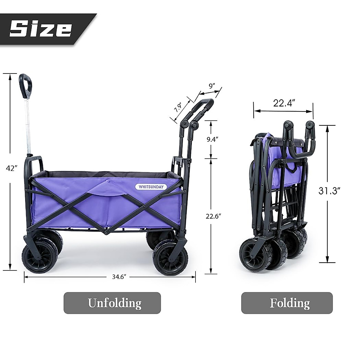 WHITSUNDAY Collapsible Folding Garden Outdoor Park Utility Wagon Picnic Camping Cart with Bearing and Brake 8" All Terrain Wheels with Push Bar (Purple)