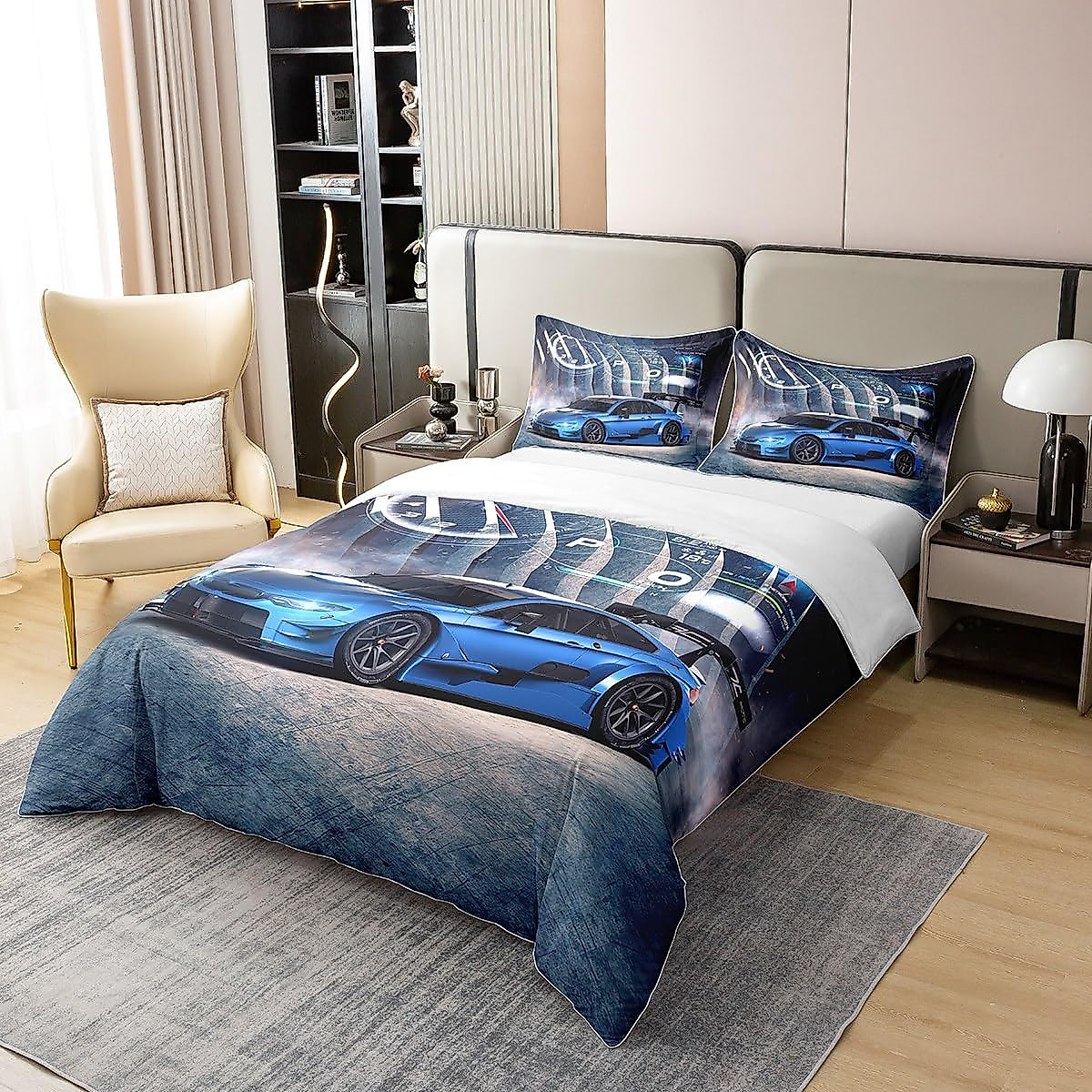 Erosebridal Kids Race Car 100% Cotton Duvet Cover Set Twin Size, Sports Car Comforter Cover Extreme Sport Theme Bedding Set, Modern Home Room Decorative Bedding Set with 1 Pillow Sham, 2 Pcs