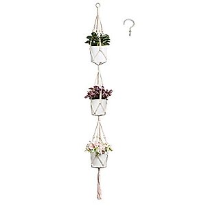 ENUOSUMA 3 Tier Macrame Plant Hanger Indoor with 1 Hook, Handmade Hanging Planter Hanging Flowers Pot with Tassels, Hanging Plant Holder for Home Decor - Cotton Rope, 4 Legs, 71 Inch