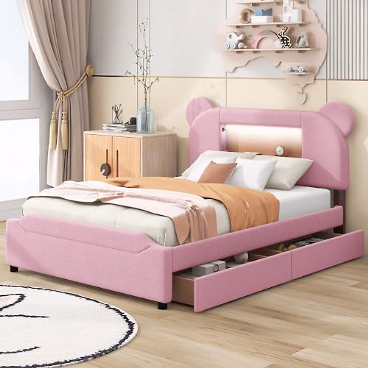 BOVZA Full Size Upholstered Storage Platform Bed Frame with Cartoon Ears Shaped Headboard, 2 Drawers, LED and USB, Pink