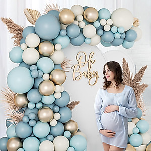 138Pcs Dusty Blue Balloons Arch Garland Kit, Dusty Baby Blue Sand White Metallic Gold Balloons for Bridal Shower Gender Reveal Birthday Baby Shower Decorations