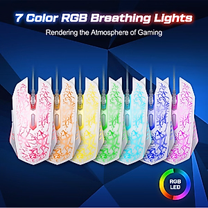 VersionTECH. Wired Gaming Mouse, Computer Mouse Ergonomic Mice with 7 LED Lights RGB Backlit, 6 Programmable Buttons, 4 Adjustable DPI for Laptop PC Gamer Desktop Chromebook Mac Games-White