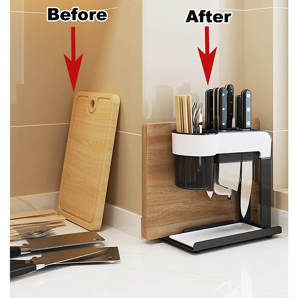 Multifunctional Knife Block Knife Holder Storage Rack with Drainboard, Cutting Board Drying Rack Cooking Utensil Holder Chopsticks Caddy for Kitchen Accessories Countertop Organization, Black