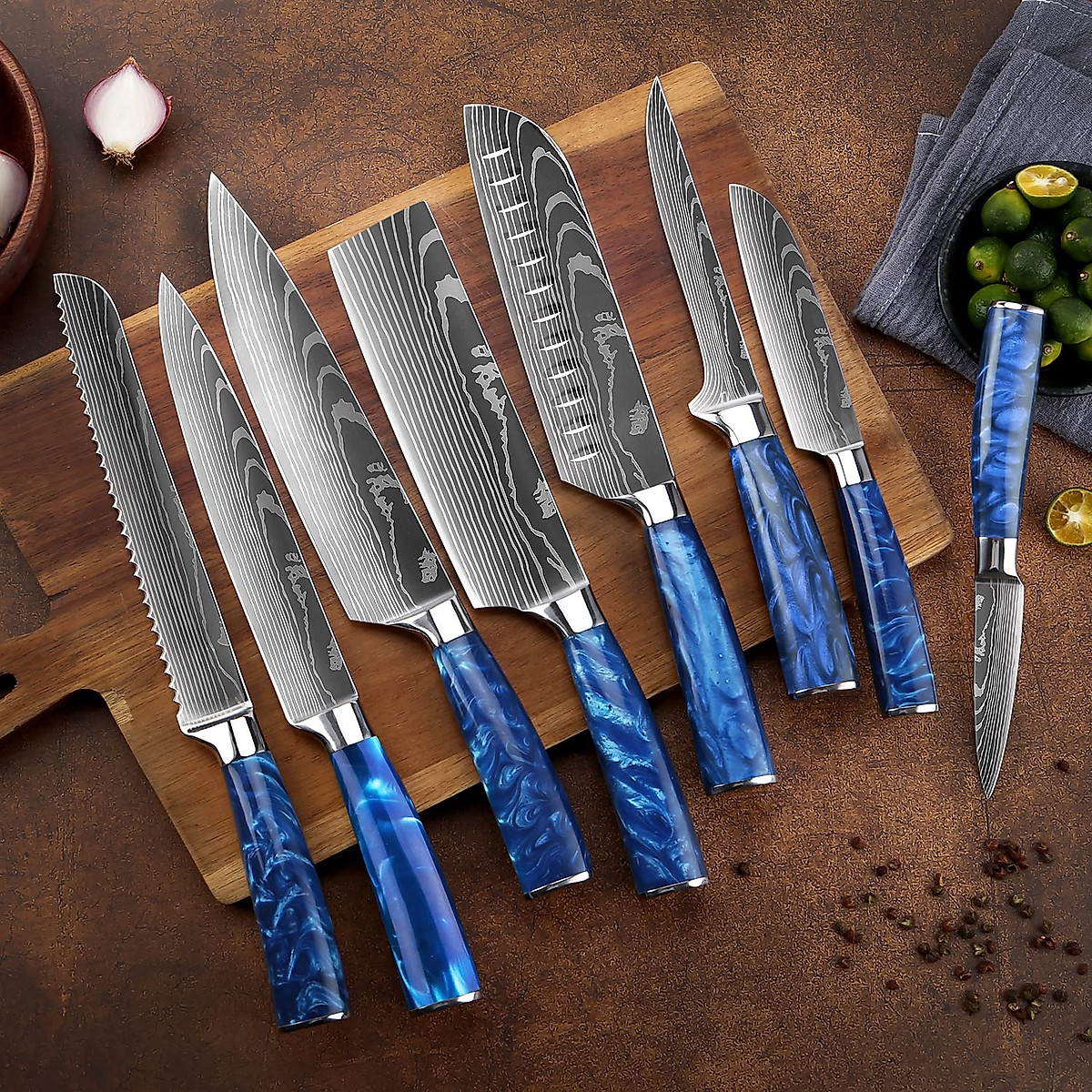 SENKEN 8-Piece Japanese Knife Set with Blue Resin Handle and Laser Damascus Pattern - Cerulean Collection - Chef's Knife, Santoku Knife, Bread Knife, Paring Knife, & More, Extremely Sharp Blades