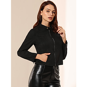 Allegra K Women's Faux Suede Jacket Stand Collar Zip Up Long Sleeve Motorcycle Biker Coat X-Large Black