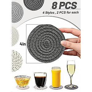 8 Pcs Absorbent Drink Coasters, 4 Styles Handmade BOHO Woven Coasters for Coffee Table, Heat-resistant Modern Cotton Coasters for Kinds of Cups Housewarming (4.3in)